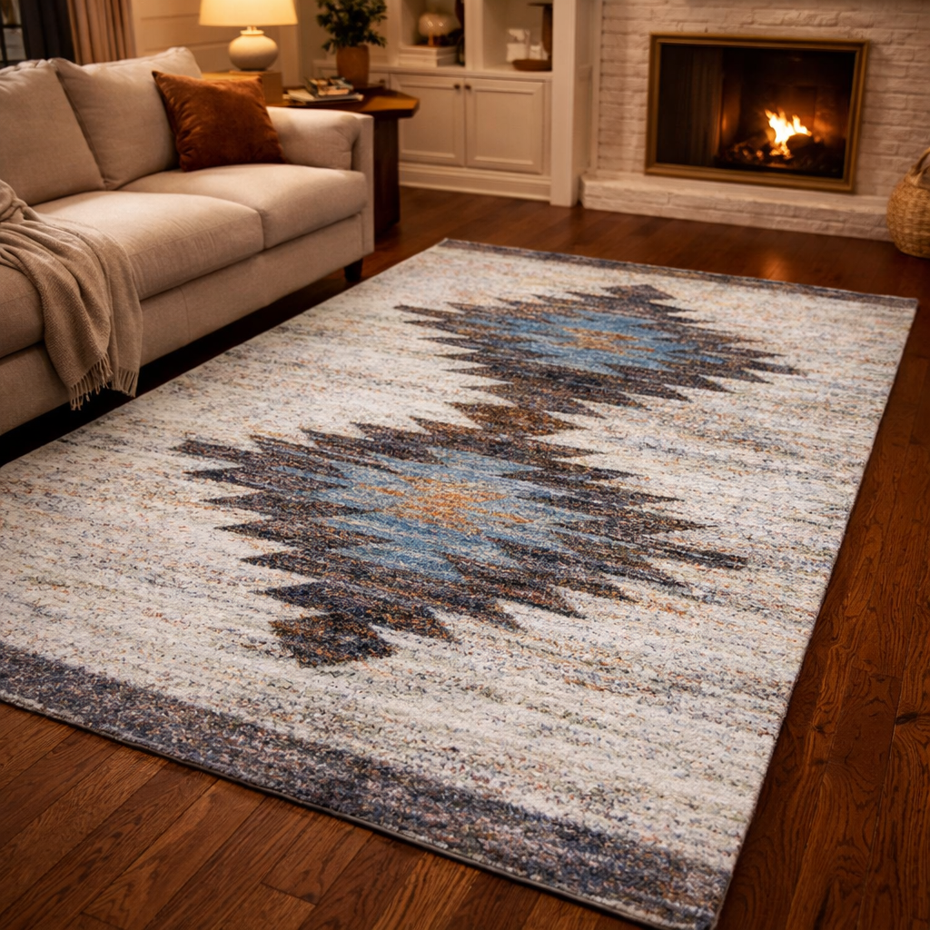 Verdi Double Diamond Beige & Blue Bohemian Rug | MacCarthys