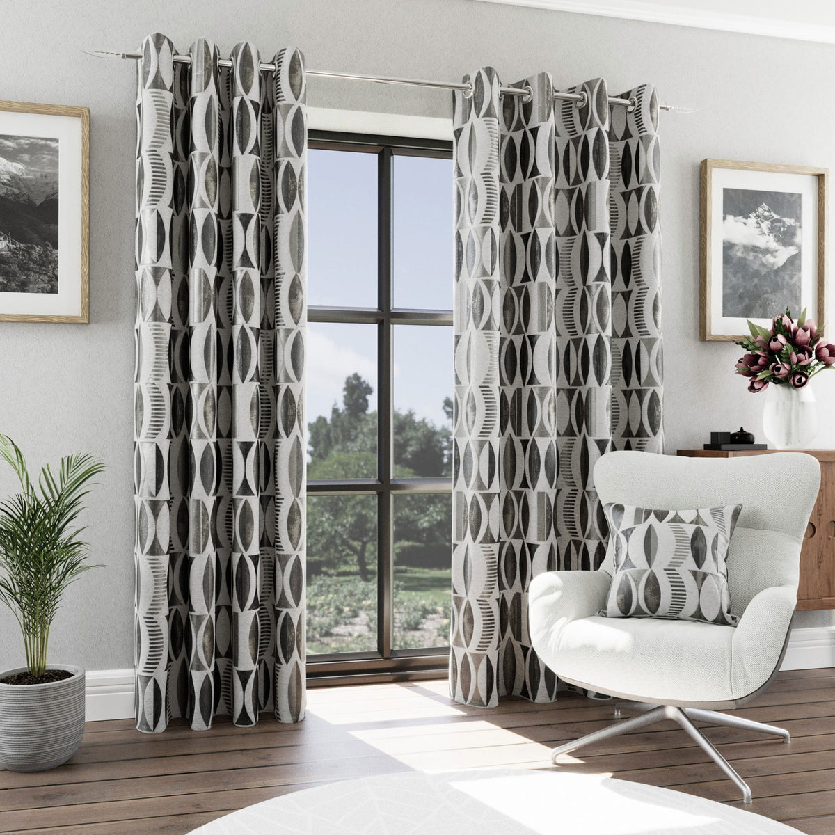 Beige/Charcoal Interlined Curtains | Abstract Pattern | Himalaya ...